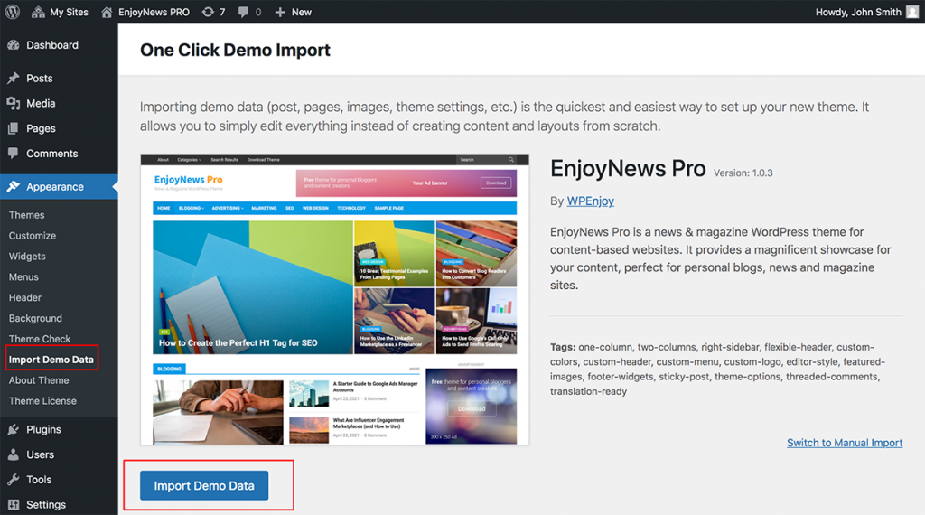 One Click Demo Import Theme Documentation - WPEnjoy